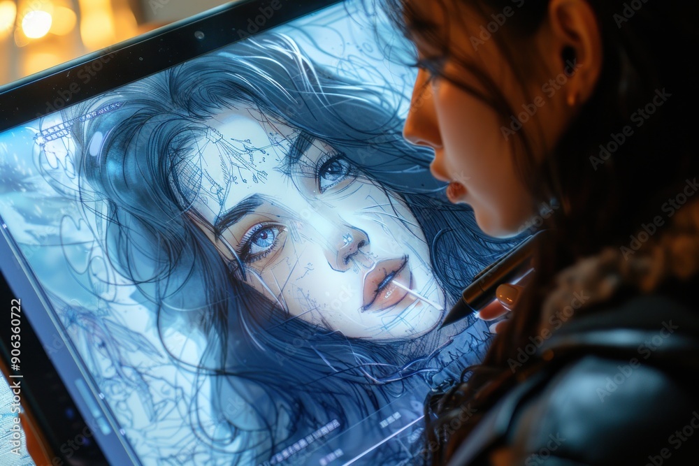 Young woman designing anime characters for a video game on a graphics ...