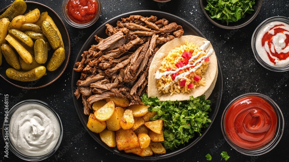 Delicious Arabic shawarma dish with sides of golden potatoes, pickles ...
