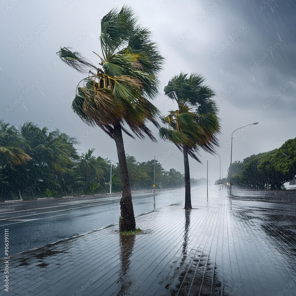 A strong storm wind sways the trees and breaks leaves from two palm ...