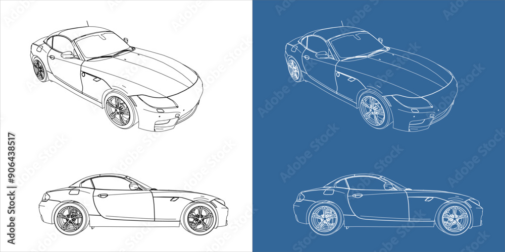 set sport car line draw blueprint from all view top corner side back ...