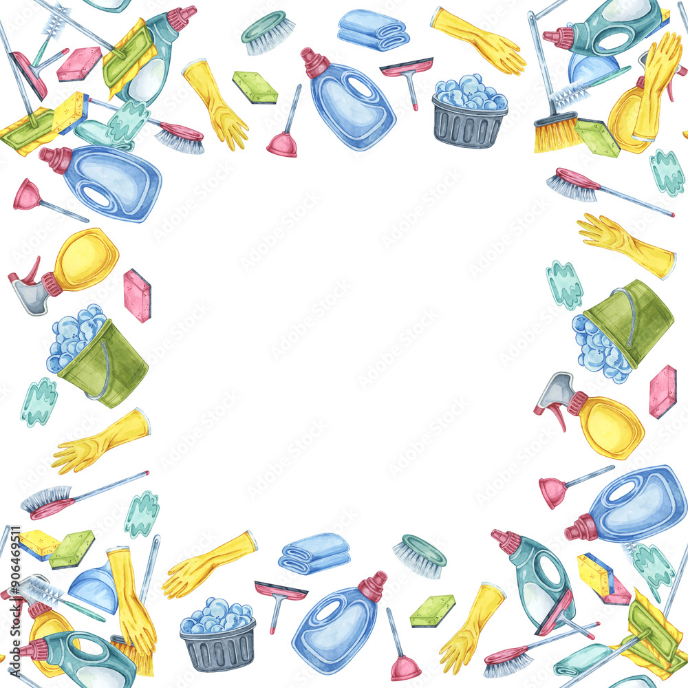 Housekeeping items such as buckets, brushes, gloves, and sprays create ...