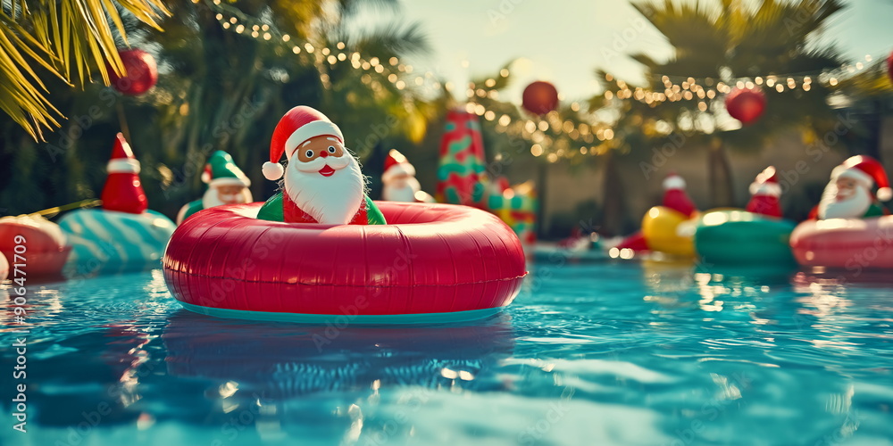 Santa Claus relaxing on inflatable flamingo float in swimming pool ...