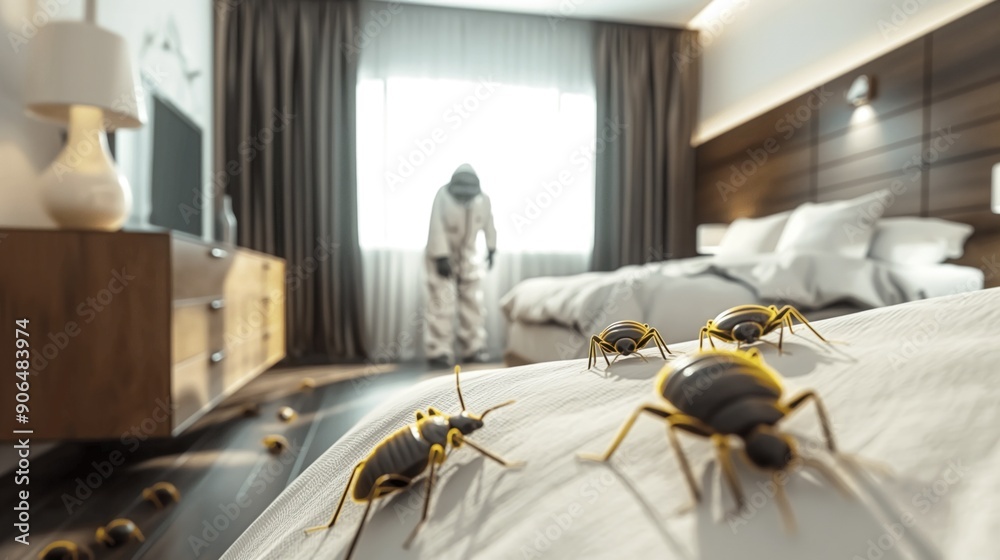 Professional exterminator treating bed bug infestation in a bedroom ...