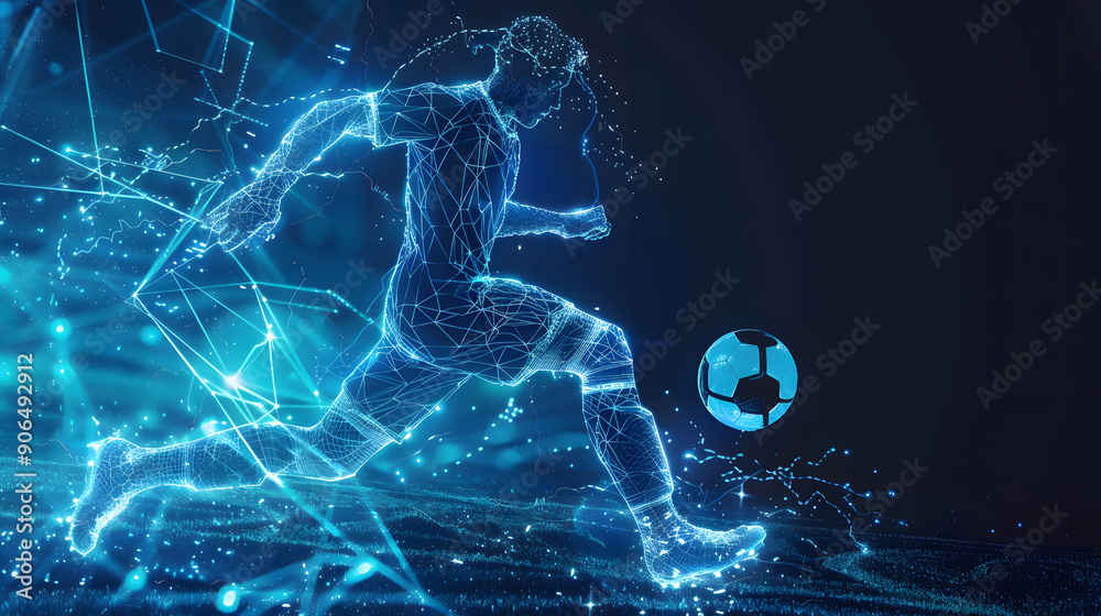Blue digital soccer player with glowing data, artificial intelligence ...