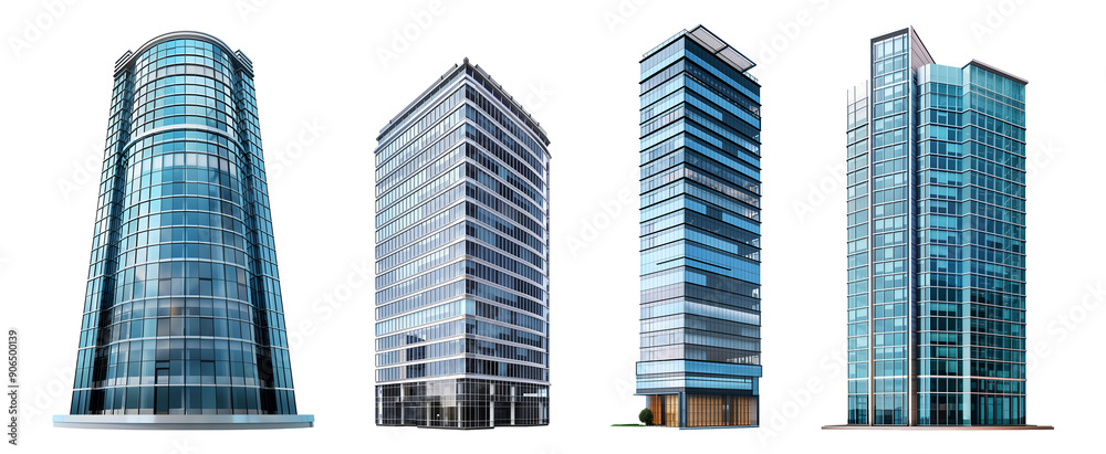 Set of tall modern office buildings isolated on transparent or white ...