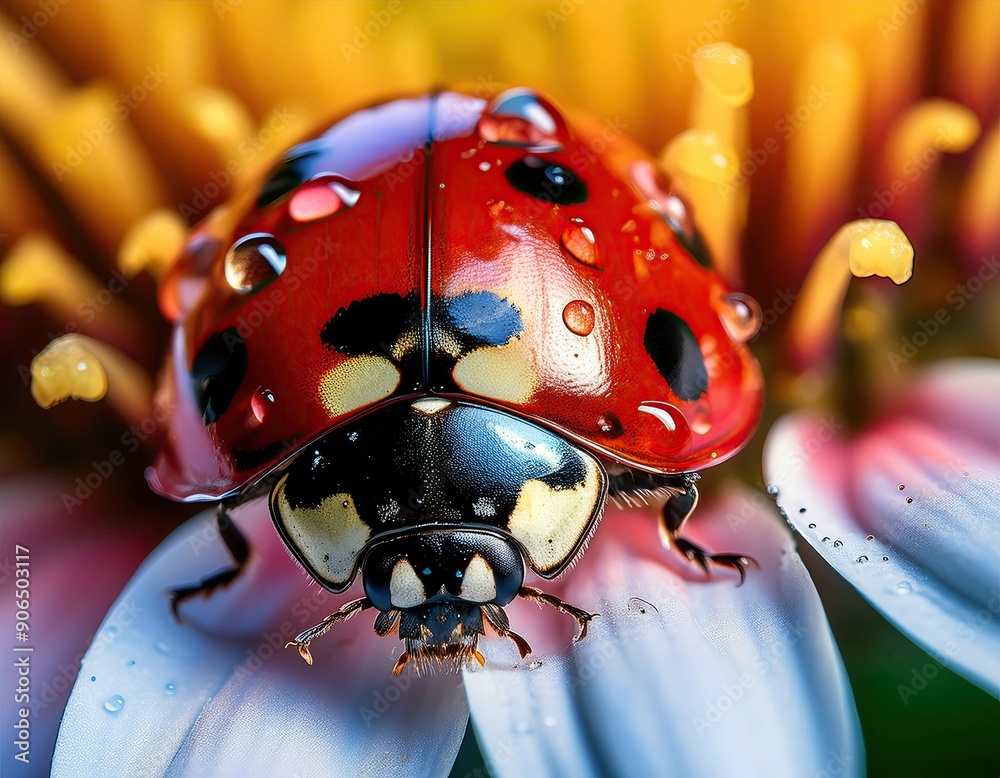Macro photography of a ladybug standing on a purple flower petal. The ...