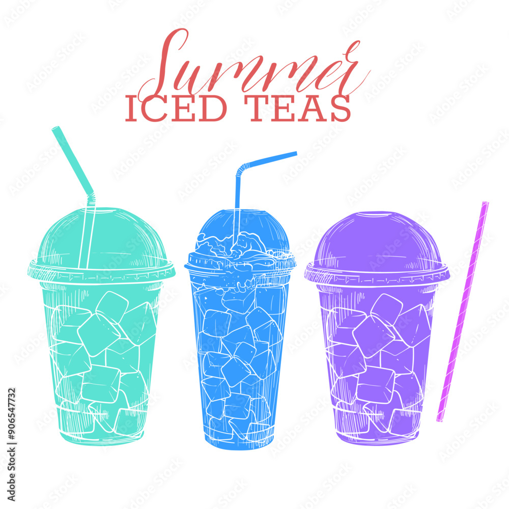 Vector hand drawn beverages with ice cubes in plastic cup with lid and ...