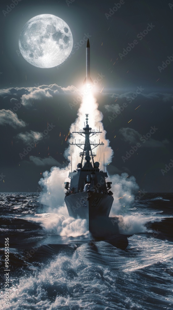 A US Navy destroyer launches a missile at night under a full moon, with ...