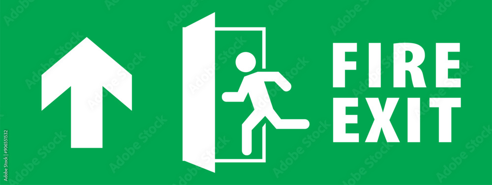 Emergency fire exit sign, running man icon to door, red color, arrow ...
