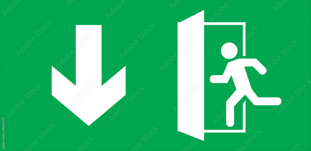Emergency exit sign, running man icon to door, green color, arrow ... Emergency exit sign, running man icon to door, green color, arrow ...