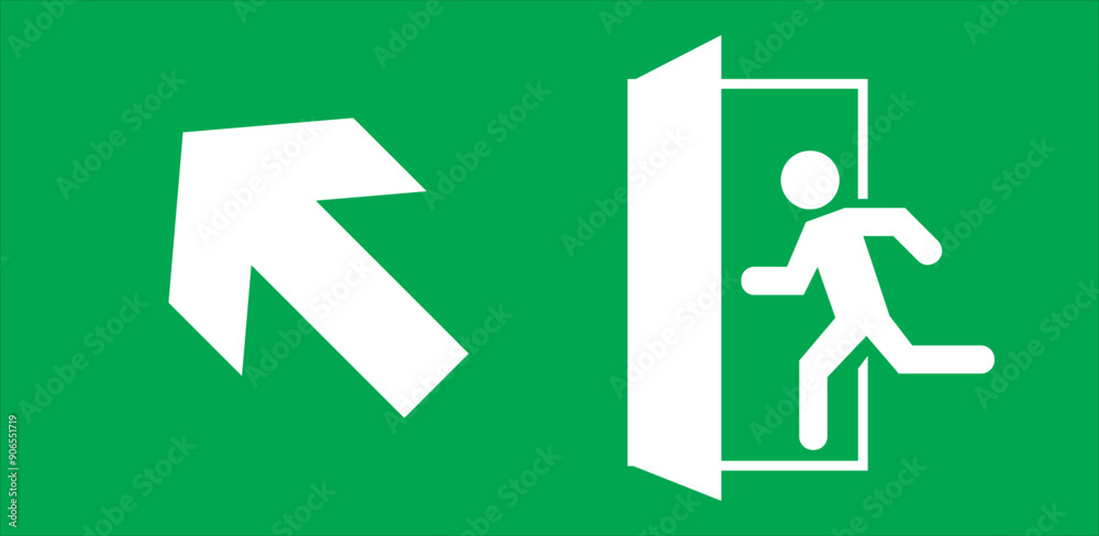 Emergency exit sign, running man icon to door, green color, arrow ... Emergency exit sign, running man icon to door, green color, arrow ...