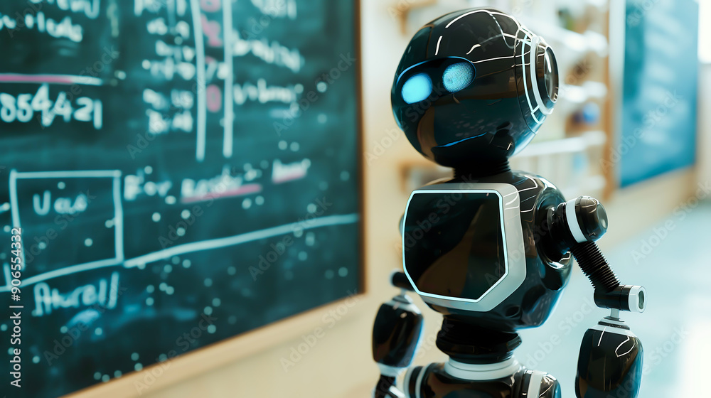 Realistic humanoid educational robot teacher standing in front of ...