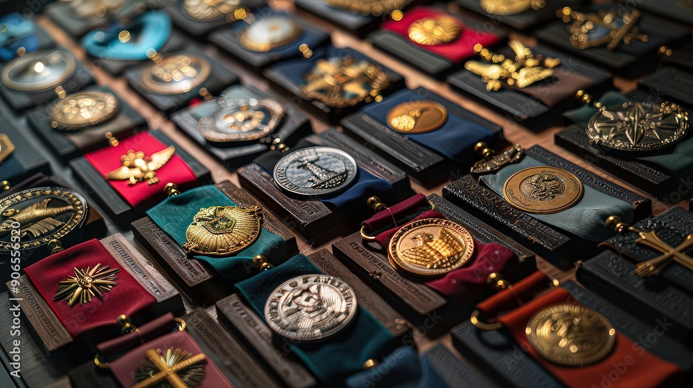 detailed view of various French military medals, including the Legion ...