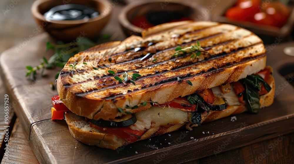 rustic depiction of an artisan panini with melted cheese, grilled ...