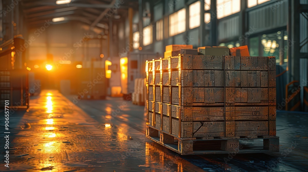 warehouse bathed in warm sunset light, with stacked wooden crates on a ...