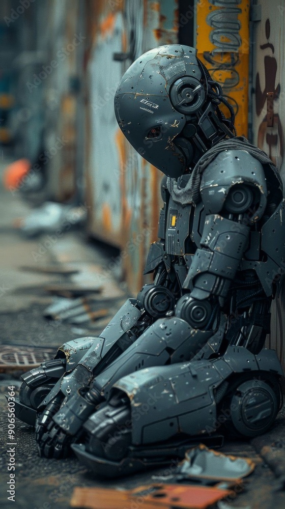 A distressed and worn-out robot sits on a gritty urban street. The ...
