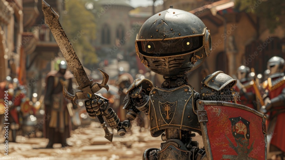 Medieval robot knight in armor wielding a sword and shield in a village ...