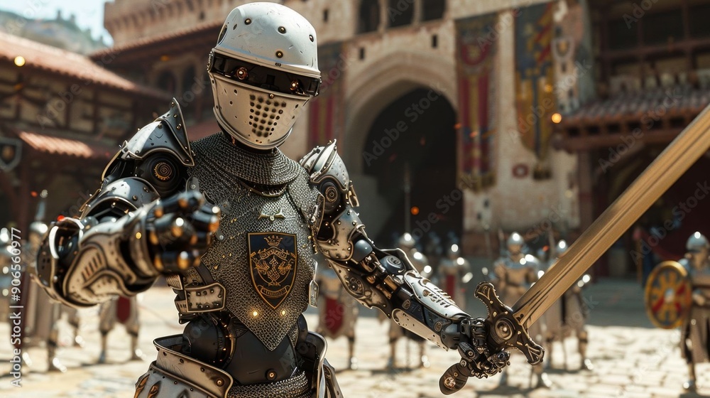 Medieval robot knight in full armor wielding a sword, standing in a ...