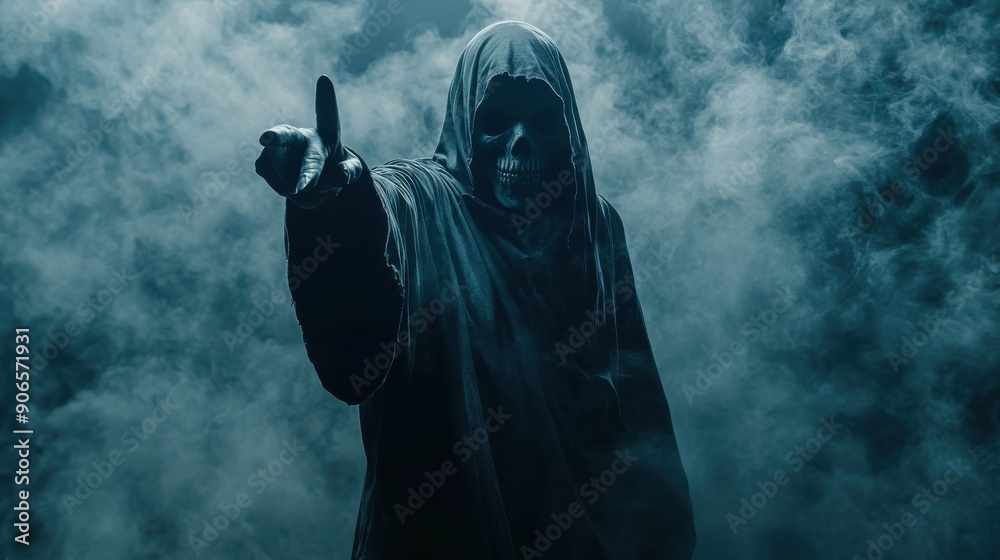 Grim reaper in dark robes pointing forward, shrouded in eerie smoke ...