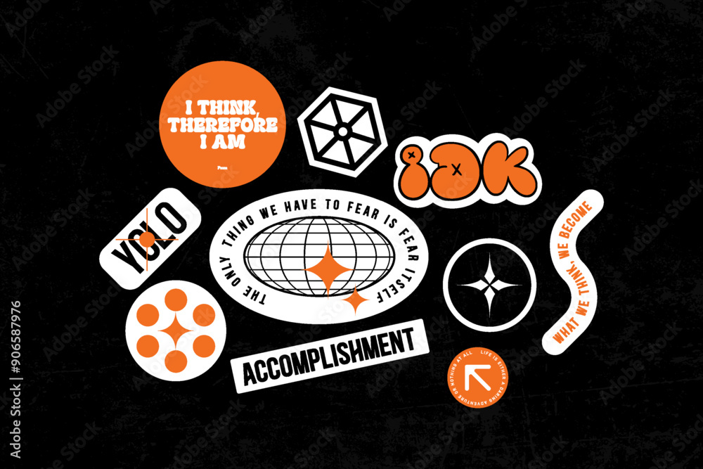 Sticker set typography vector template decorated with cartoon image and ...