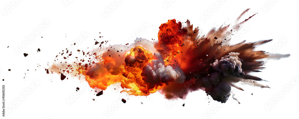 Massive fiery explosion with thick smoke and debris isolated ...