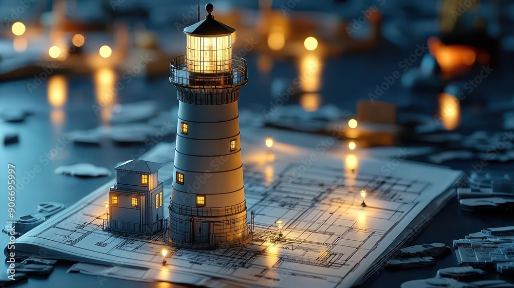 Lighthouse with virtual construction blueprint, warning lights marking ...