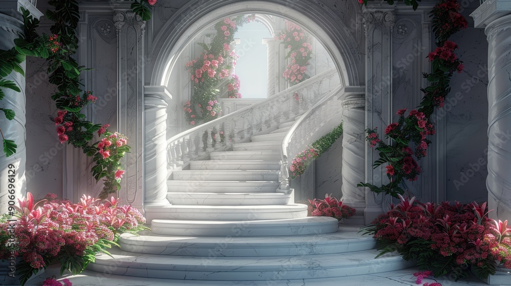 Marble white stairs with flower garlands, fantasy palace or heaven ...