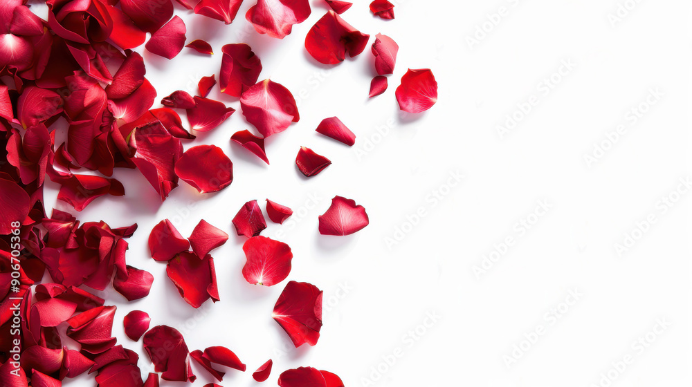 Pink rose petals falling from above on a white background. The upper ...