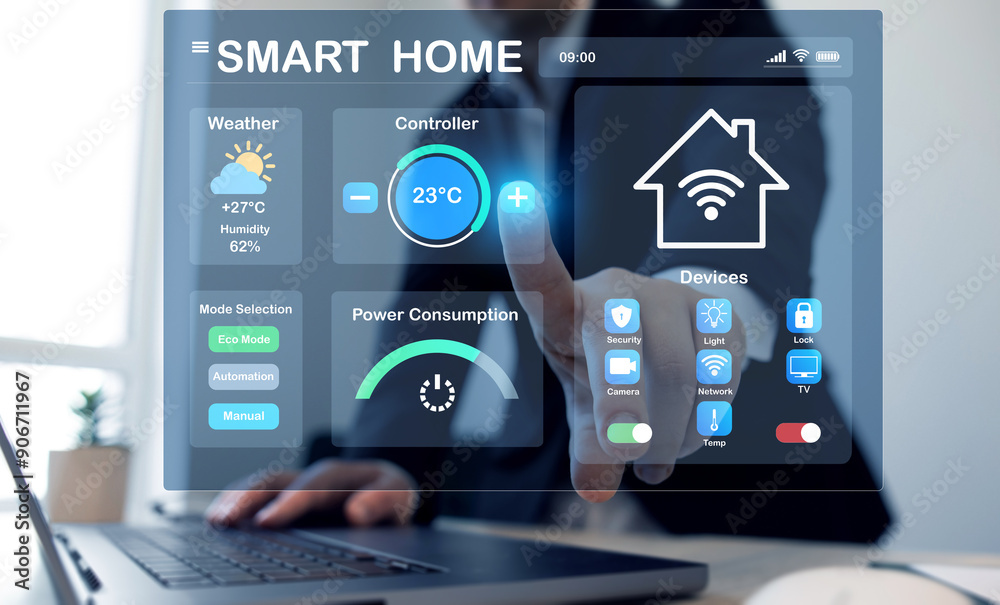 Business person using digital dashboard of smart home app for control ...