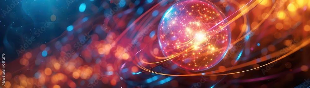 Electrons orbiting nucleus, quantum mechanics, front view, dynamic ...