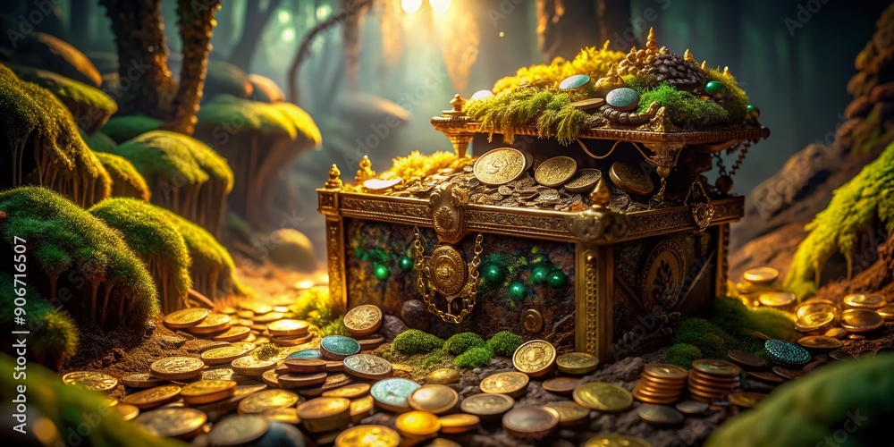 A miniature treasure trove overflowing with glittering gold coins ...