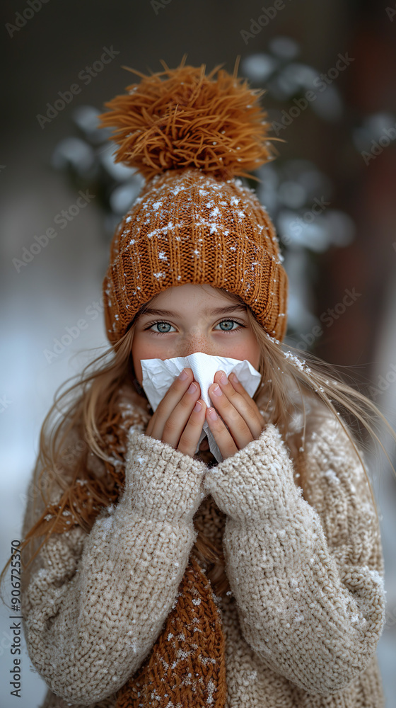 Young girl sneezing into a tissue. Represents common cold or allergy ...