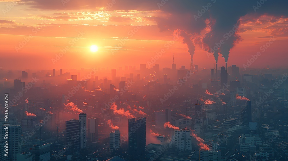 A striking image of an urban area with visible air pollution and smog ...