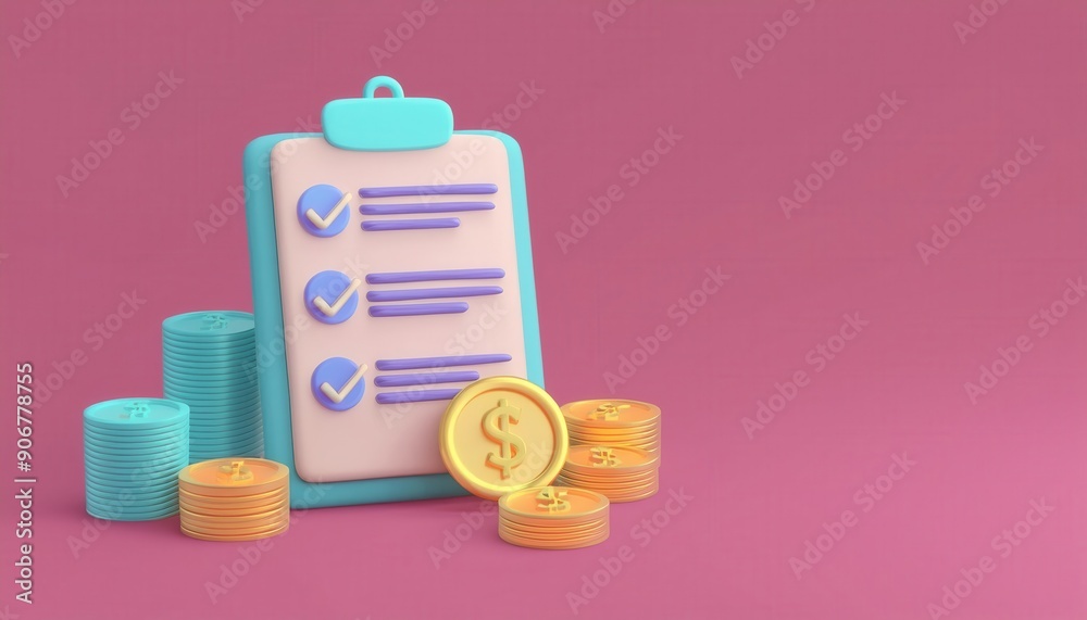 Colorful checklist and gold coins represent finance, budgeting, and ...