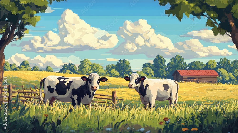 Digital pixelated cows in a retro 8-bit farm setting, blending ...