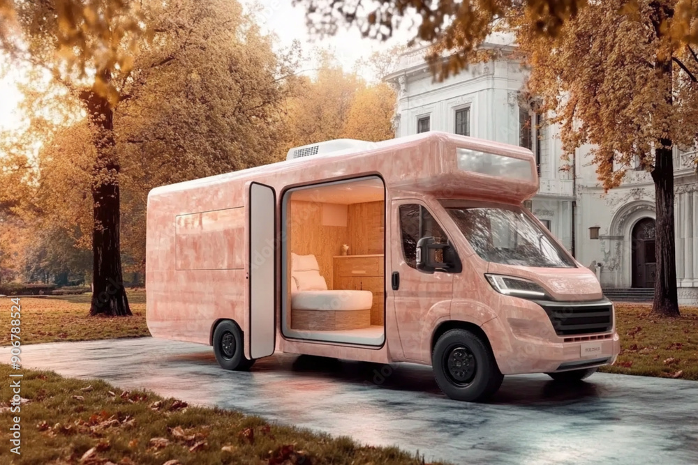 Pink camper van parked near building with open door showing interior ...