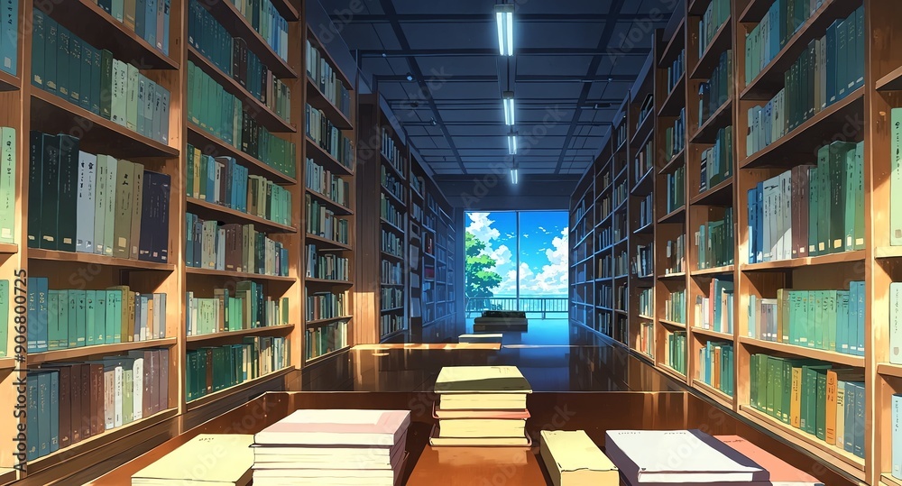 quiet library with tall bookshelves background panoramic wide angle ...