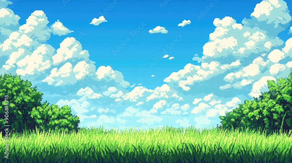 Pixel art landscape game background with blue sky, clouds, and grass ...