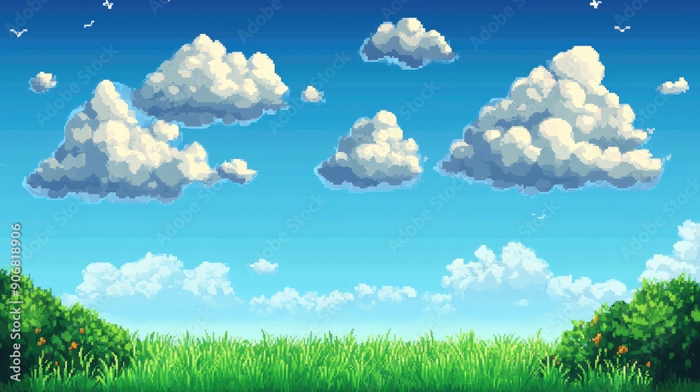 Pixel art landscape game background with blue sky, clouds, and grass ...
