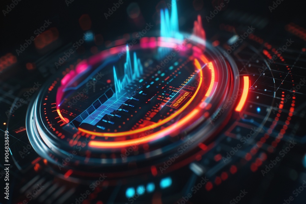 A circular frame containing a data visualization line graph, distorted ...