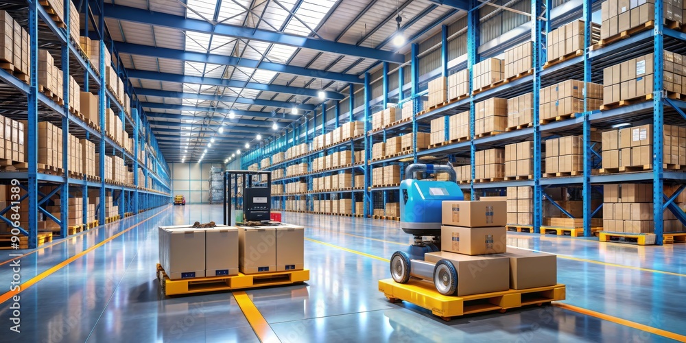 Automated Guided Vehicle (AGV) Transporting Cardboard Boxes in a Modern ...