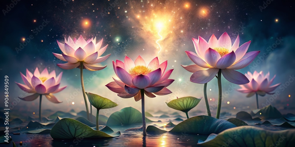 Mystical Lotus Blooms Under a Starry Sky, Digital Art, Lotus Flowers ...