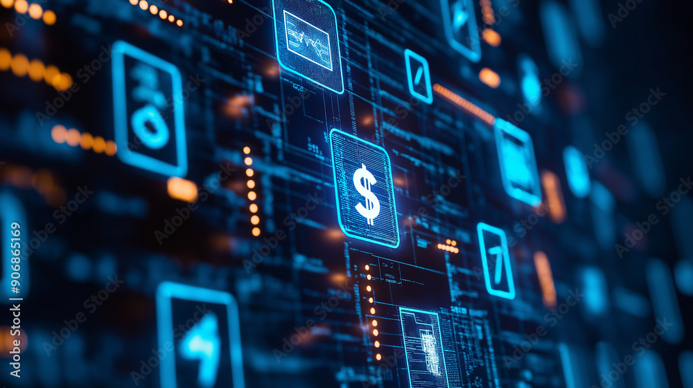 A blue digital background with animated icons for money exchange and ...