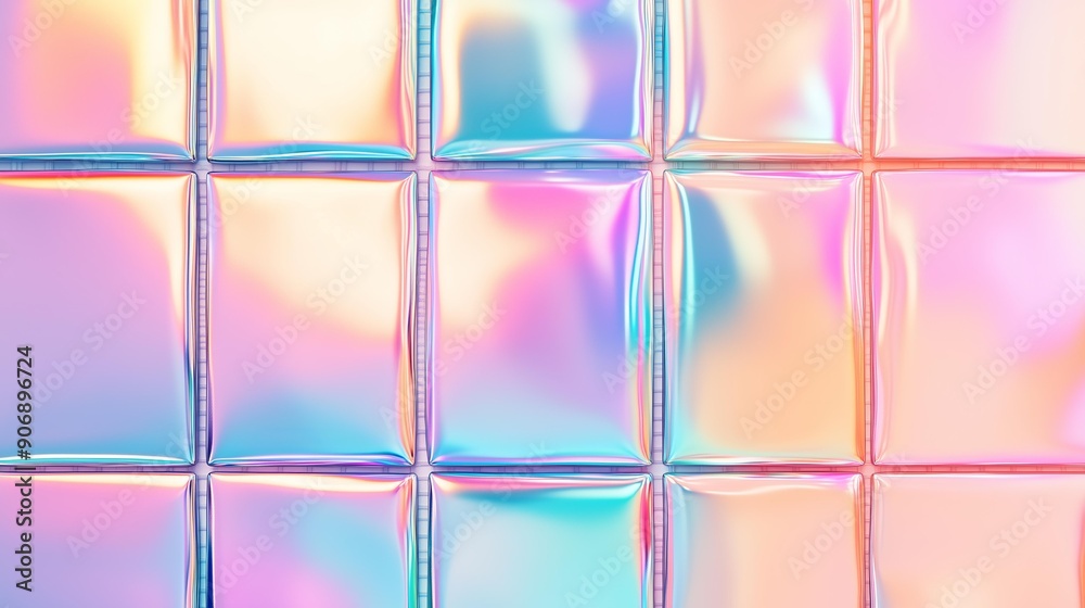 grid of iridescent tiles reflecting a spectrum of colors, Each tile ...