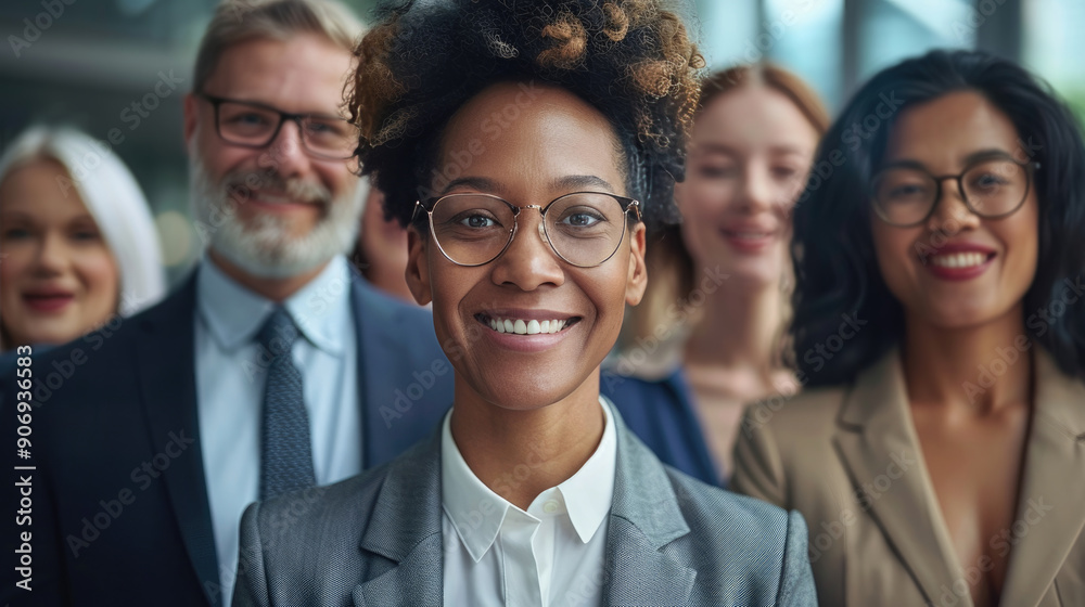 Smiling diverse business team standing together, showing unity and teamwork in a modern office ...