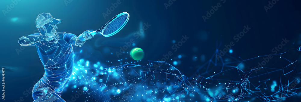 technology in tennis sports, a digital blue low poly tennis player with ...