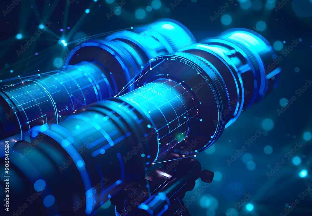 Digital blue binoculars with data streams, AI in visual recognition ...