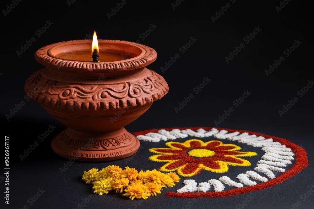 Clay Diya with Flame and Floral Rangoli Design Stock Photo | Adobe Stock
