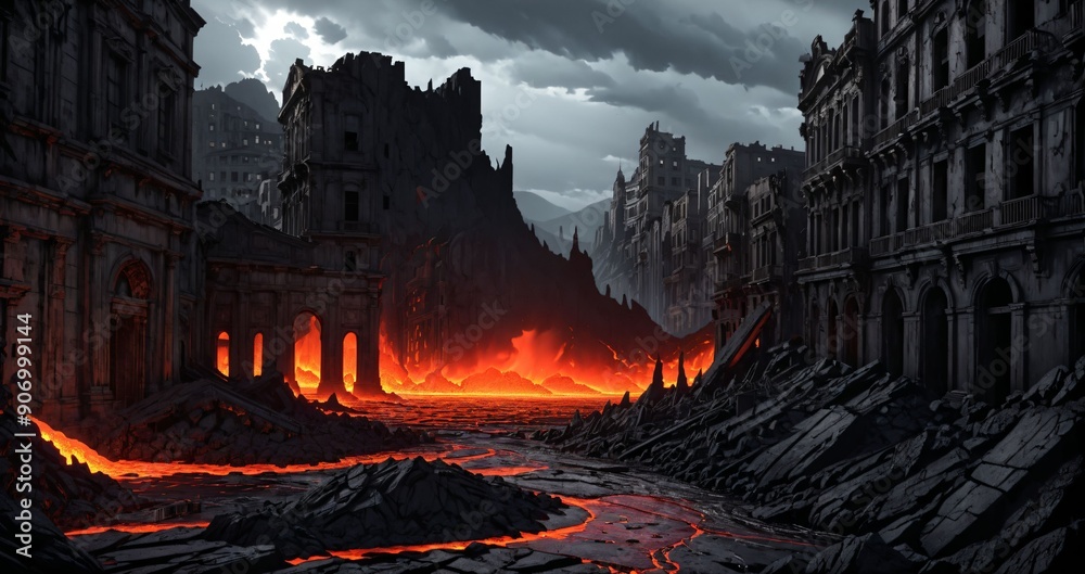 post apocalyptic city buildings drowning in lava during post apocalypse ...