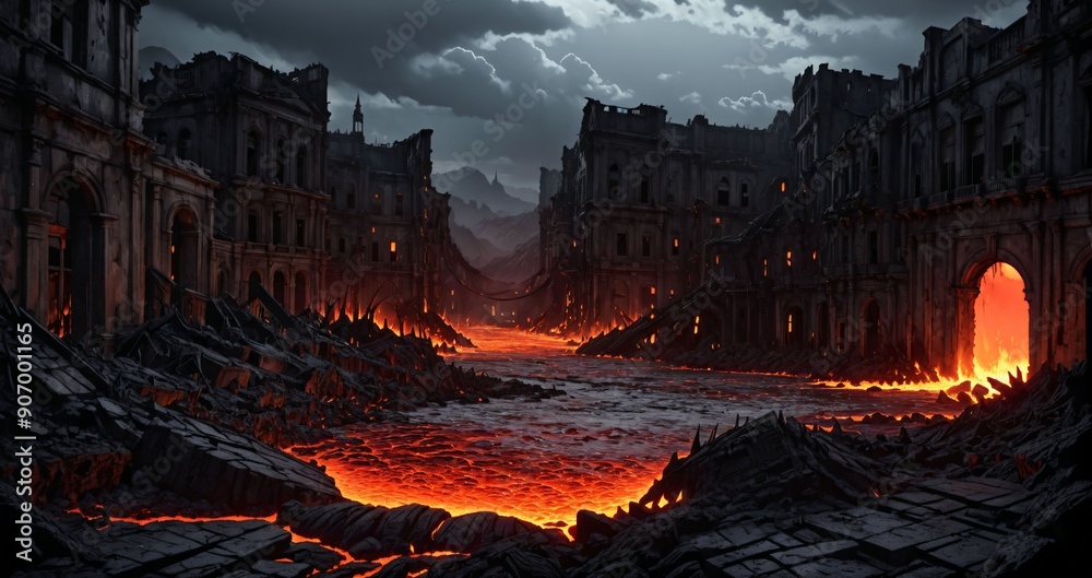 post apocalyptic city buildings drowning in lava during post apocalypse ...